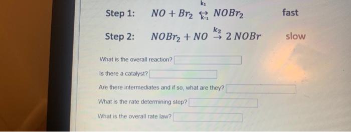 Solved ki Step 1: fast NO + Br2 E NOBr2 kz NOBr2 + NO + 2 | Chegg.com