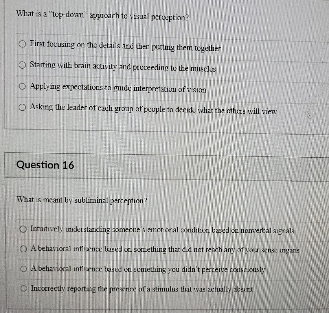 Solved What is a "top-down" approach to visual perception? | Chegg.com