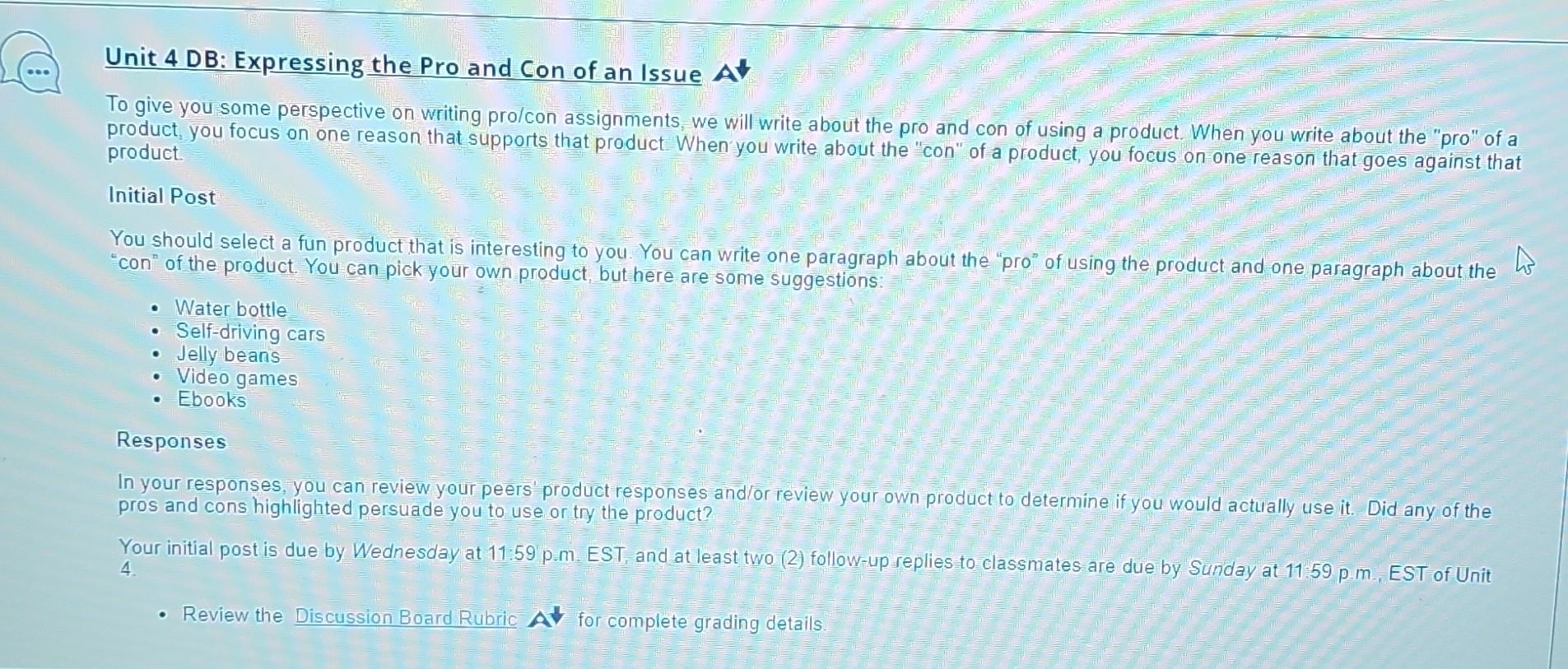Unit 4 DB: Expressing the Pro and Con of an Issue To | Chegg.com