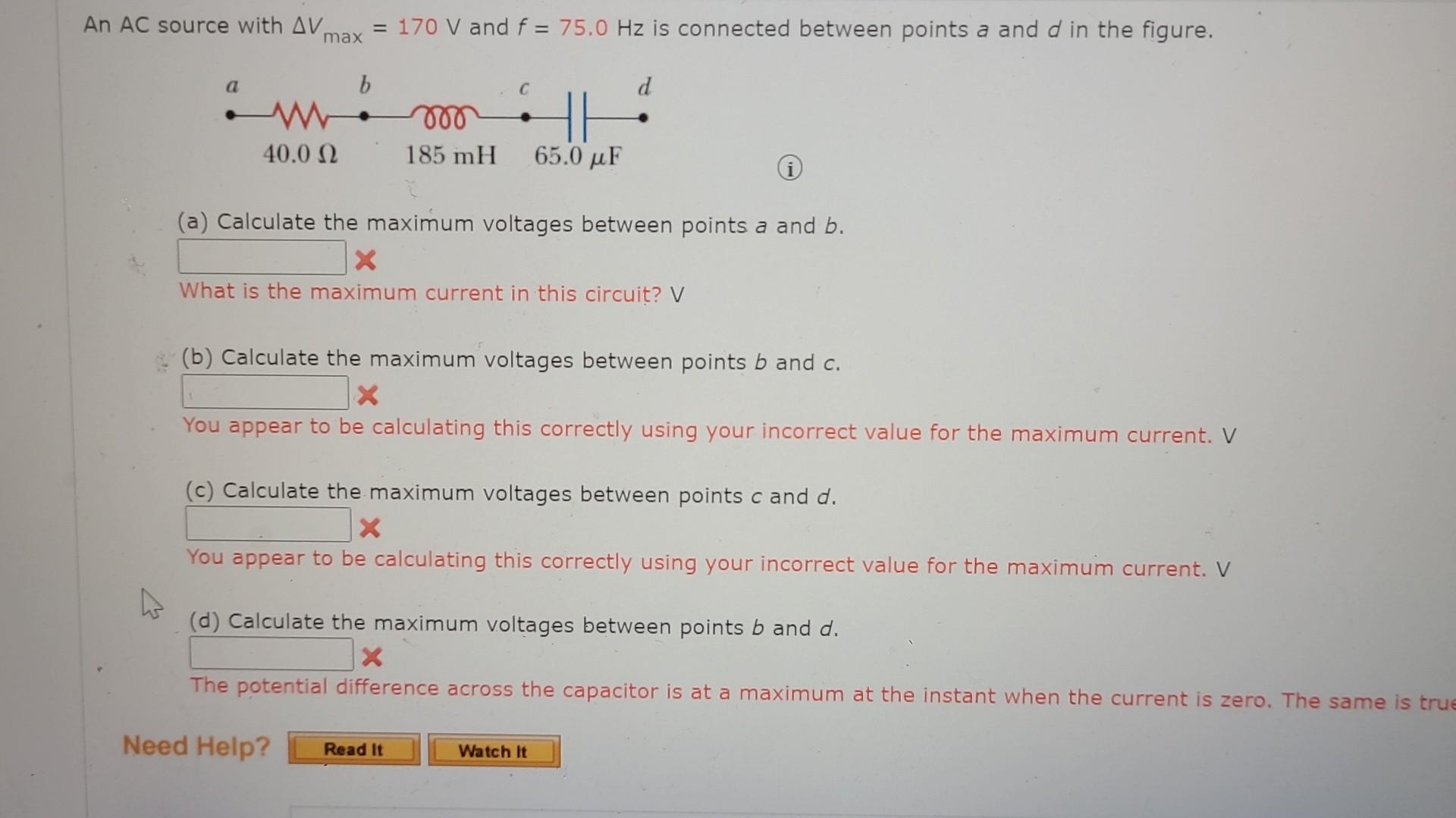 Solved In AC source with ΔVmax=170 V and f=75.0 Hz is | Chegg.com
