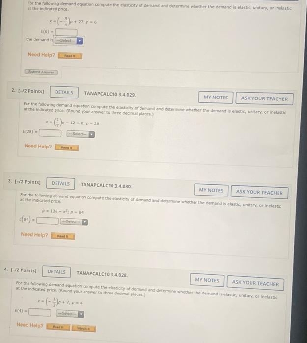 Solved For the folfowing demand equation compute the | Chegg.com