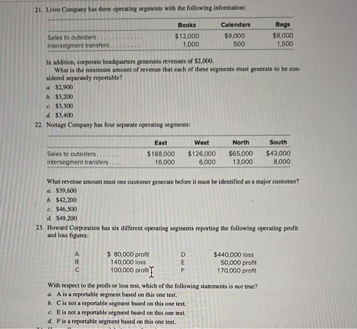 Solved 21. Livro Company has three operating segments with | Chegg.com