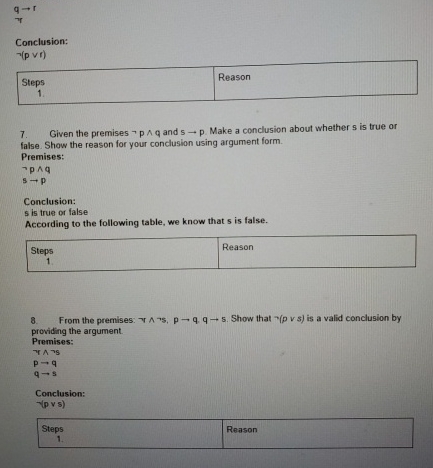 Solved q→r?Conclusion:not(pvvr)StepsReason7. ﻿Given the | Chegg.com
