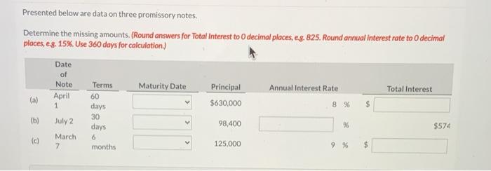 Solved Presented below are data on three promissory notes. | Chegg.com