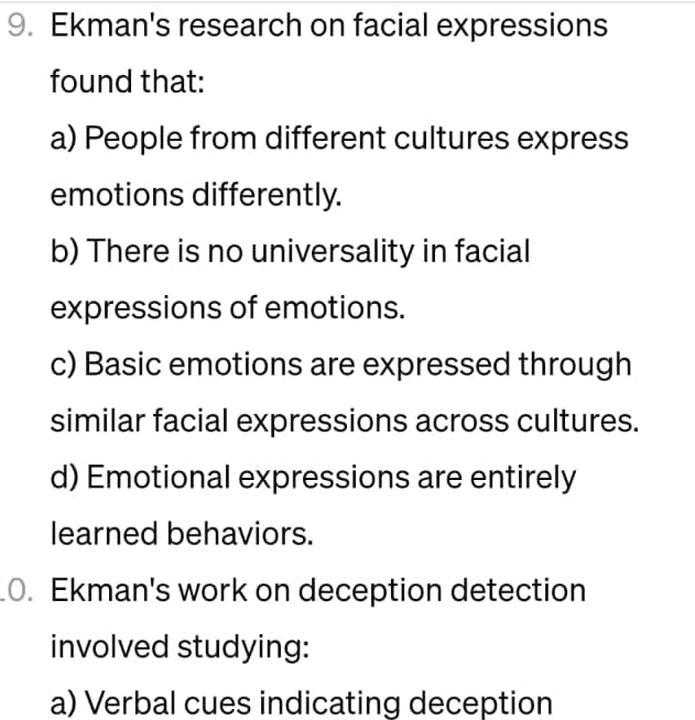 Solved Ekman's research on facial expressions found that:a) | Chegg.com