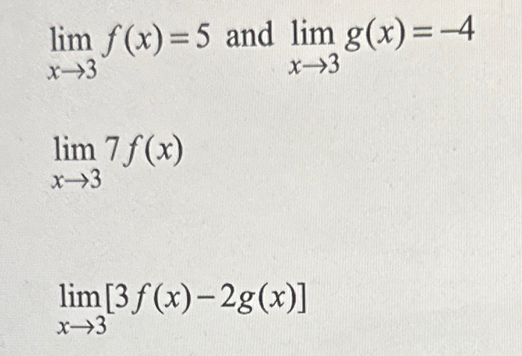 Solved limx→3f(x)=5 ﻿and limx→3g(x)=-4limx→3[3f(x)-2g(x)] | Chegg.com