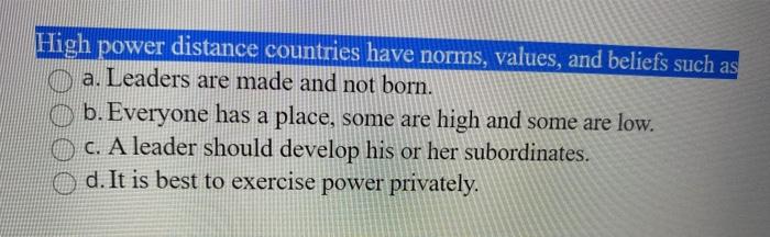 Solved High power distance countries have norms, values, and | Chegg.com