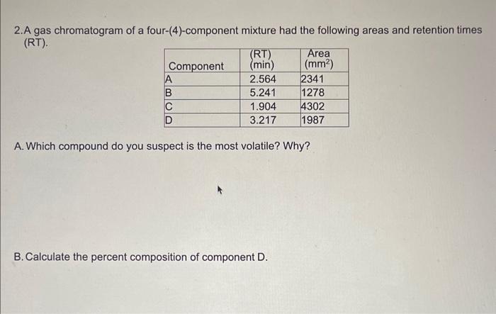Solved 2.A gas chromatogram of a four-(4)-component mixture | Chegg.com
