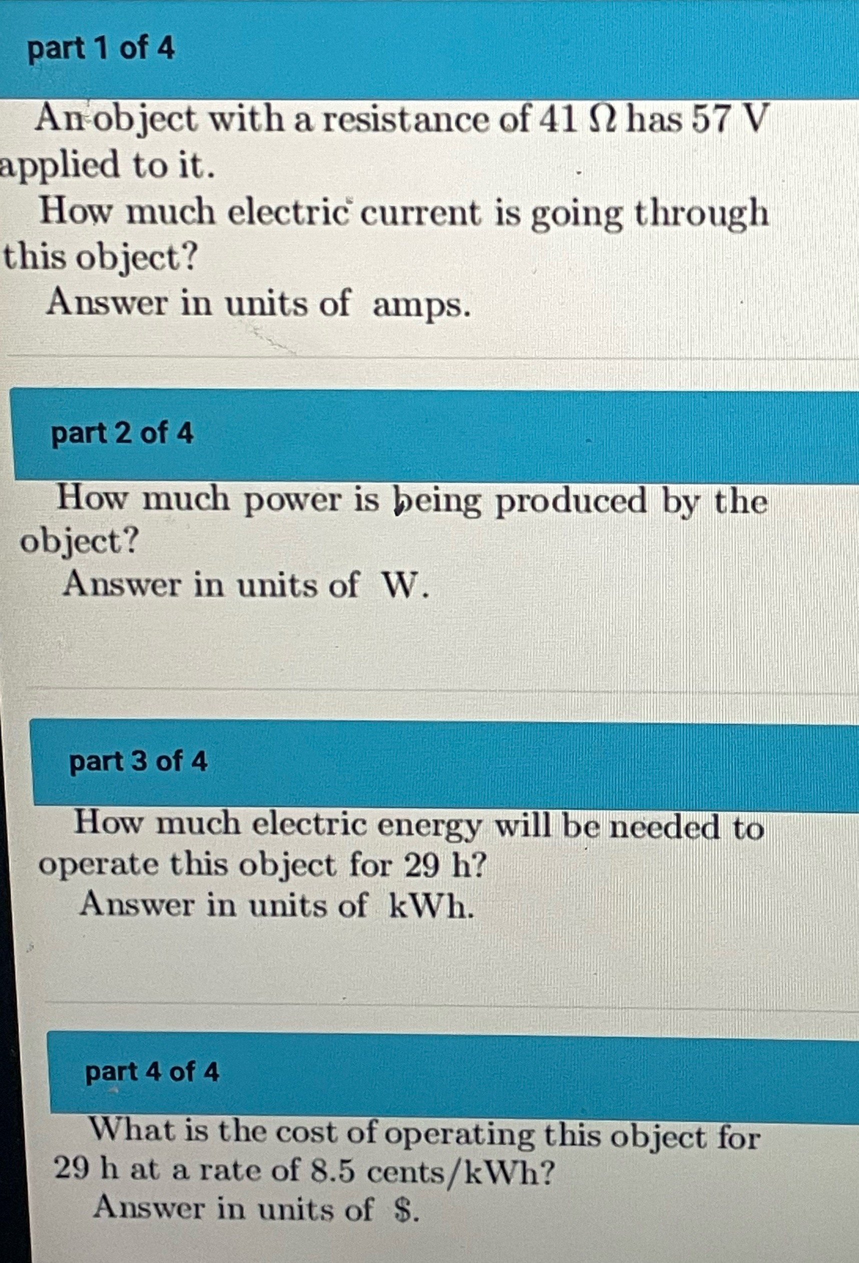 Solved part 1 ﻿of 4An object with a resistance of 41Ω ﻿has | Chegg.com