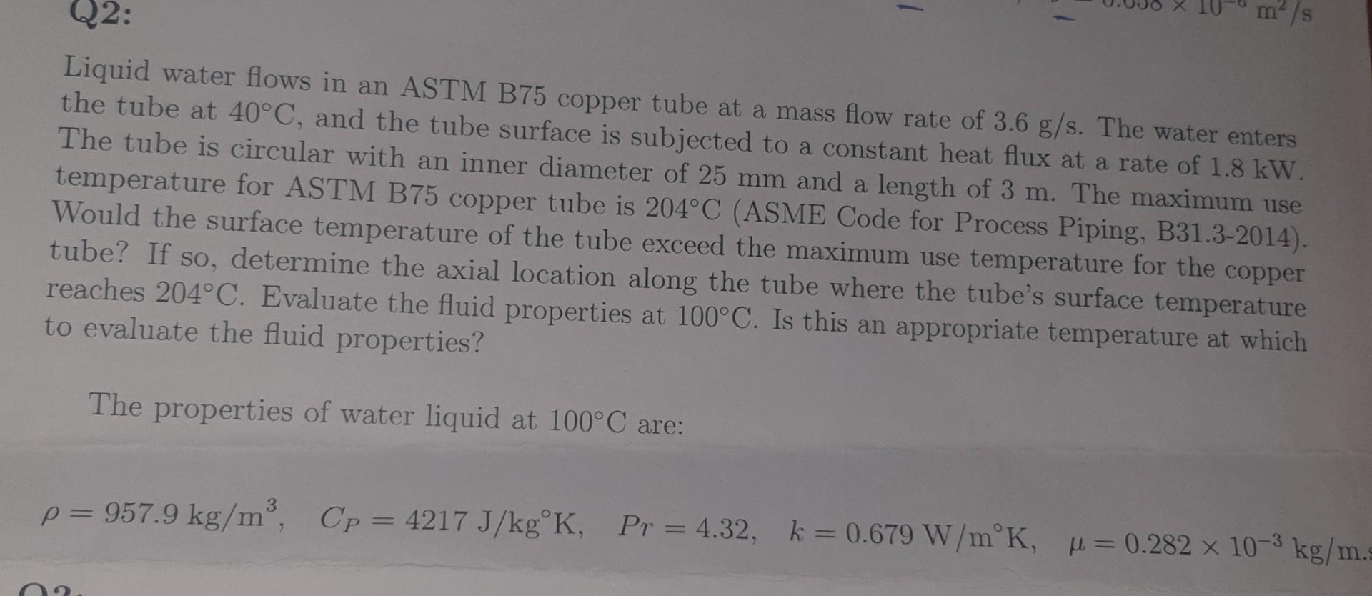 Solved /s Q2: Liquid water flows in an ASTM B75 copper tube | Chegg.com