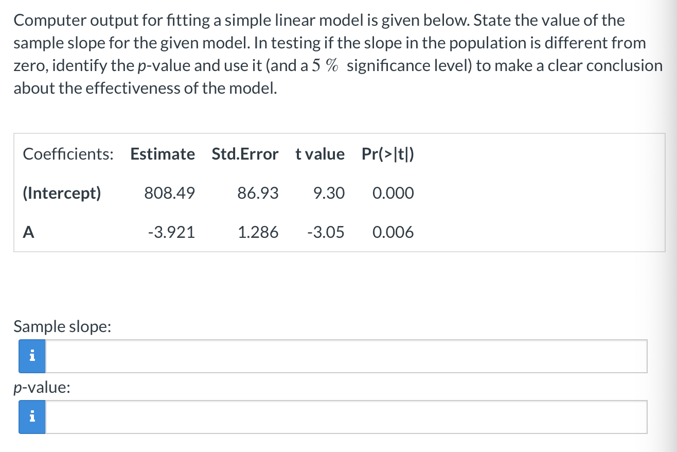 Solved Computer output for fitting a simple linear model is | Chegg.com