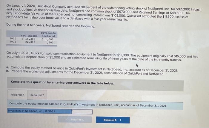 Solved On January 1, 2020, QuickPort Company acquired 90 | Chegg.com