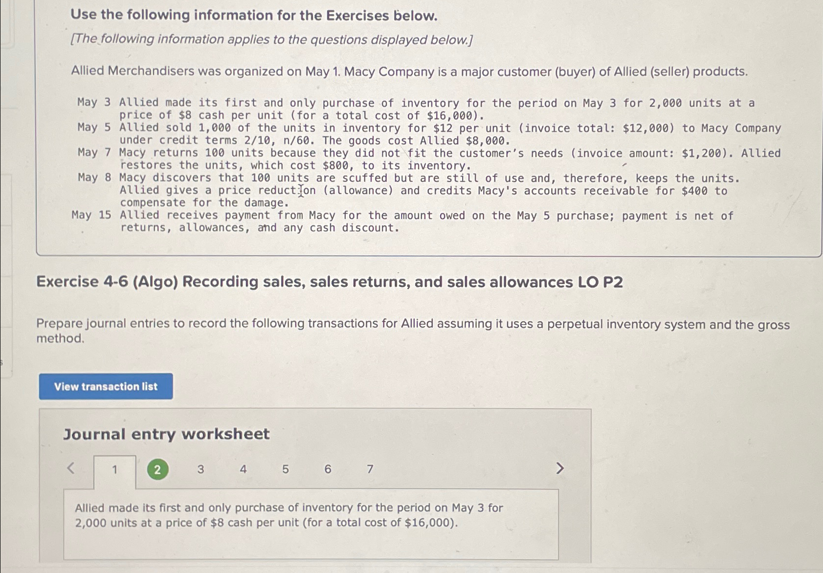 Solved Use the following information for the Exercises | Chegg.com