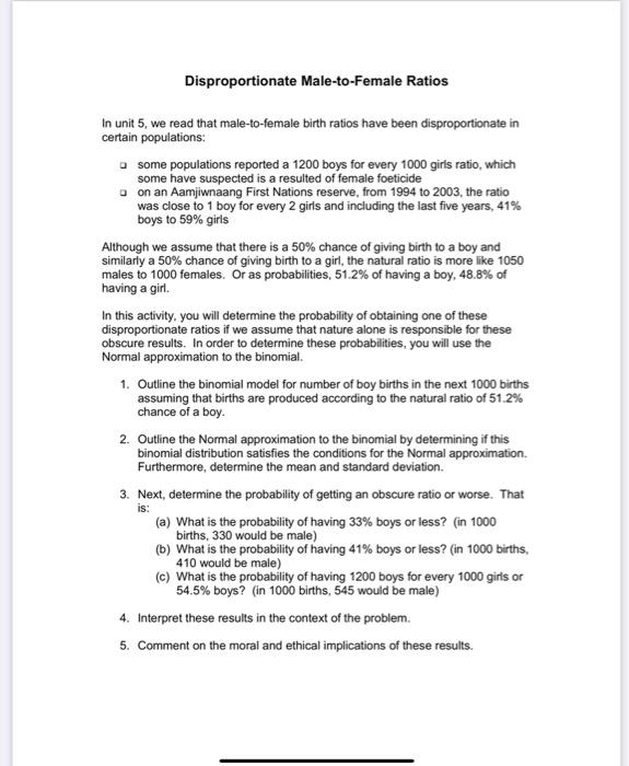 Solved Disproportionate Male-to-Female Ratios In unit 5, we | Chegg.com