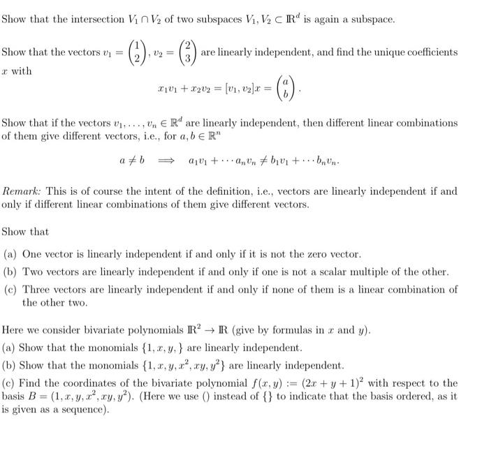 Solved Show that the intersection Vin V2 of two subspaces | Chegg.com