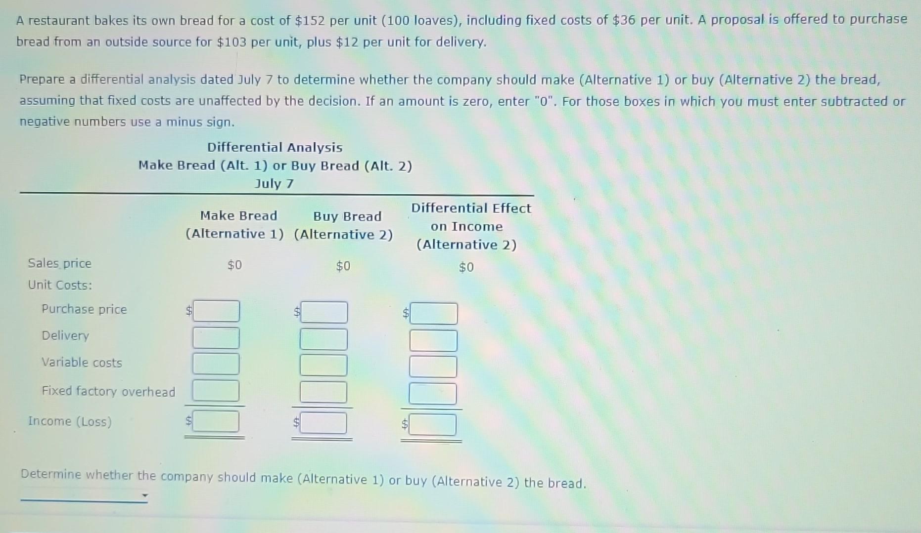 Solved A restaurant bakes its own bread for a cost of $152 | Chegg.com