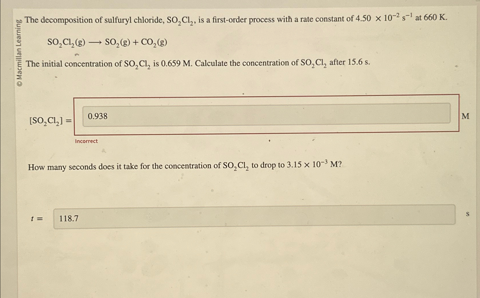 Solved The decomposition of sulfuryl chloride, SO2Cl2, ﻿is a | Chegg.com