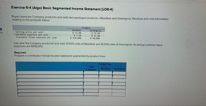 Solved Exercise 6-4 (Algo) Basic Segmented Income Statement | Chegg.com