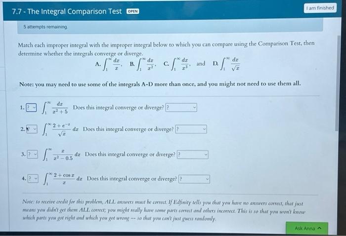 Solved Match each improper integral with the improper | Chegg.com