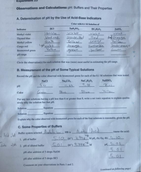 Solved Experimen Observations and Calculations: pH: Buffers | Chegg.com