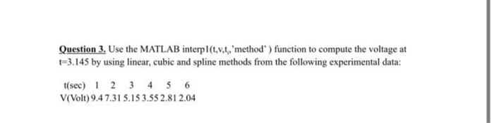 Solved Question 3. Use the MATLAB interpl(t,v,t,'method") | Chegg.com
