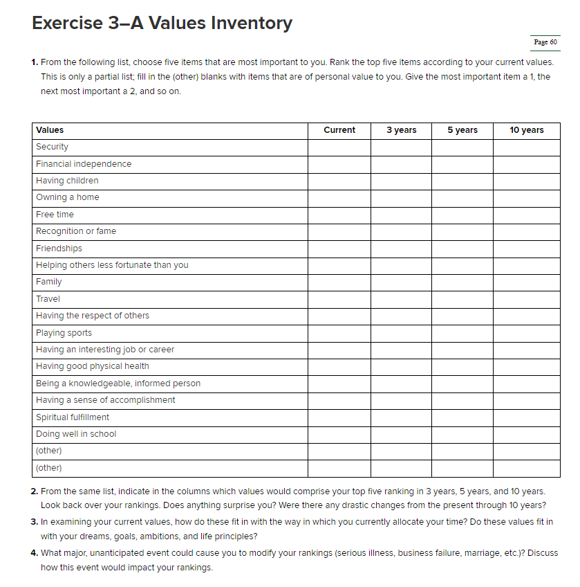 Solved Exercise 3-A Values InventoryPage 60From the | Chegg.com