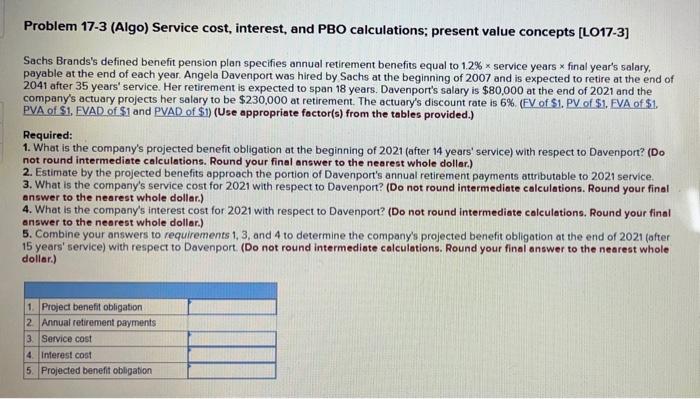 Solved Problem 17-3 (Algo) Service cost, interest, and PBO | Chegg.com