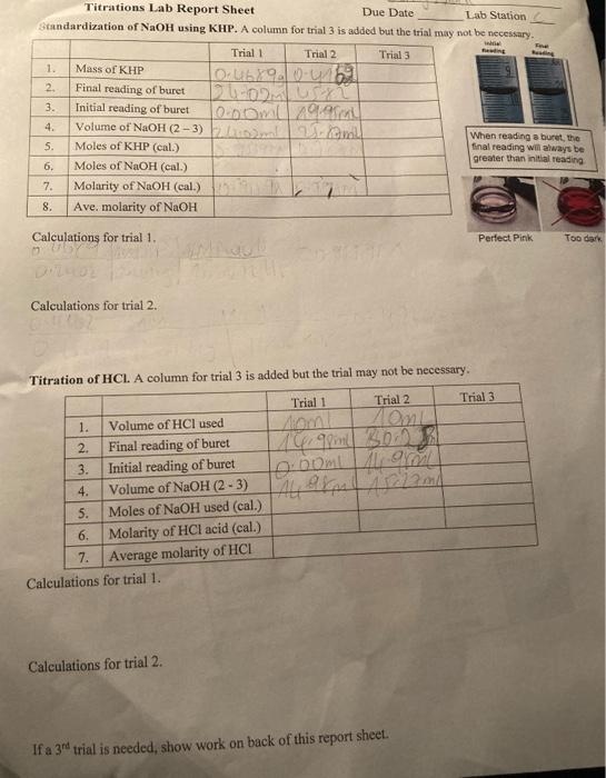 Solved Titrations Lab Report Sheet Due Date Lab Station | Chegg.com