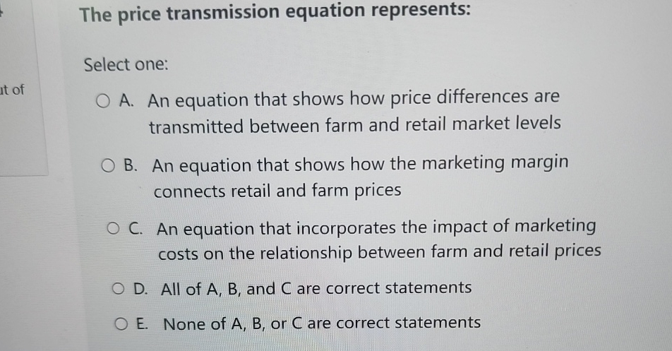 The price transmission equation represents:Select | Chegg.com