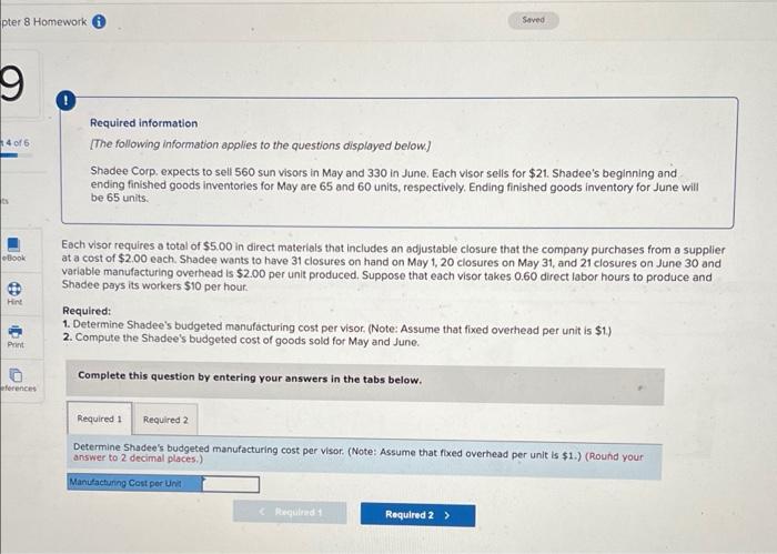 Solved Saved pter 8 Homework 9 0 4 of 6 Required information | Chegg.com Solved Saved pter 8 Homework 9 0 4 of 6 Required information | Chegg.com