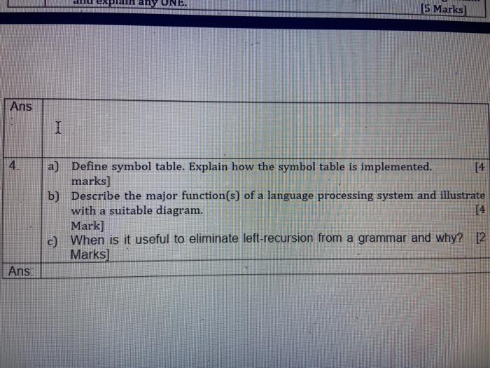 Solved any UNE. IS Marks] Ans I 4. a) Define symbol table. | Chegg.com