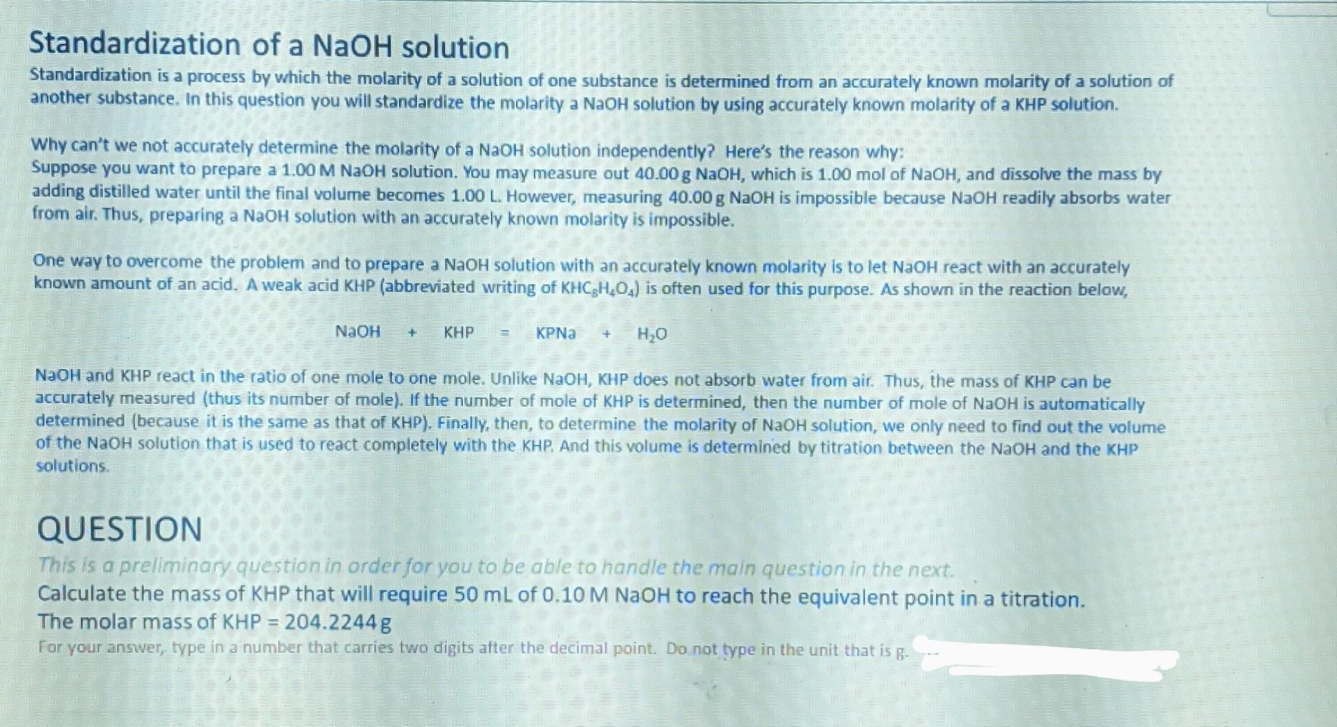 Solved Standardization of a NaOH solution Standardization is | Chegg.com