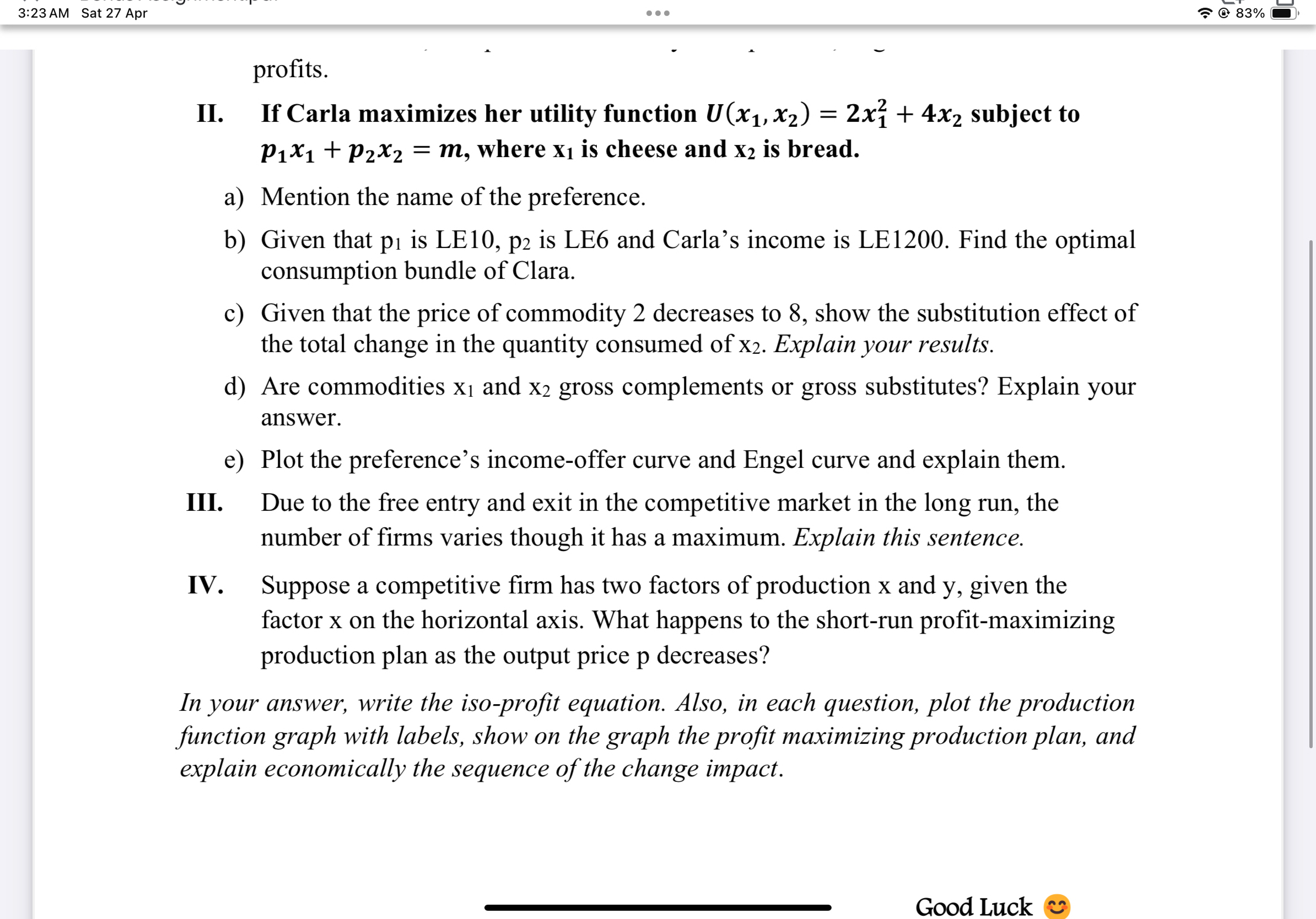 Solved profits.II. ﻿If Carla maximizes her utility function | Chegg.com