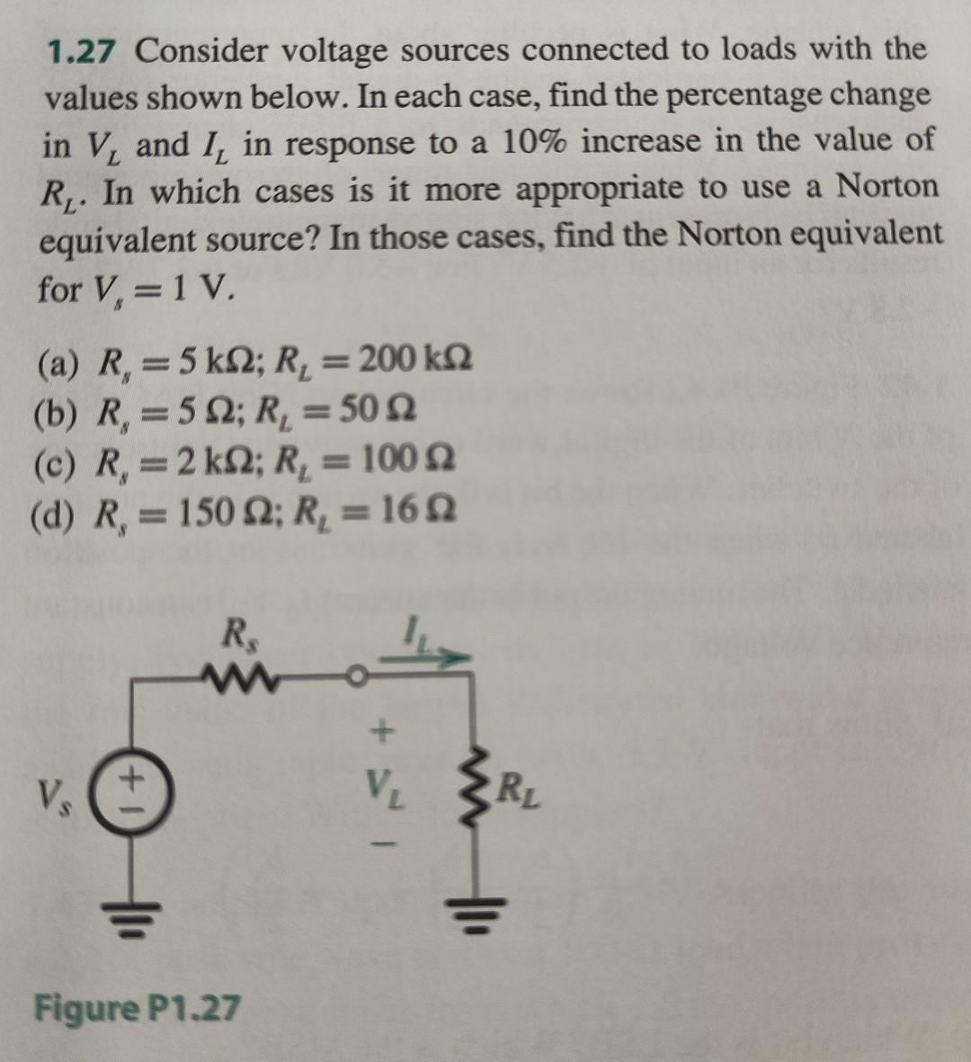 Solved 1.27 Consider voltage sources connected to loads with | Chegg.com