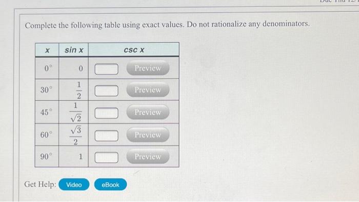 Solved Complete the following table using exact values. Do | Chegg.com