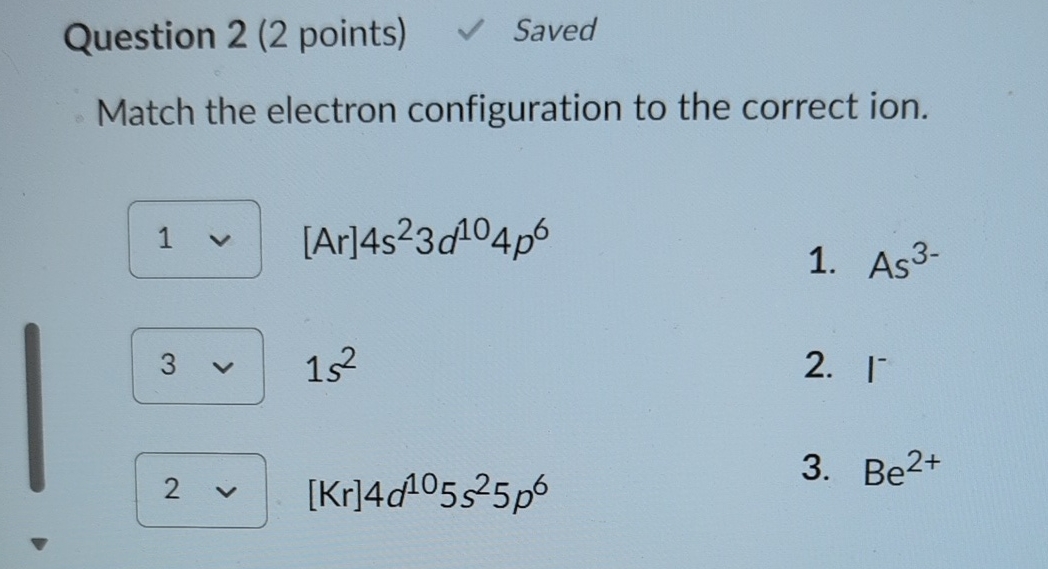 Solved Question 2 (2 ﻿points) ﻿SavedMatch the electron | Chegg.com