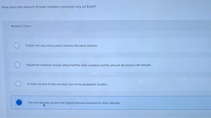 Solved How does the amount of solar radiation received vary | Chegg.com