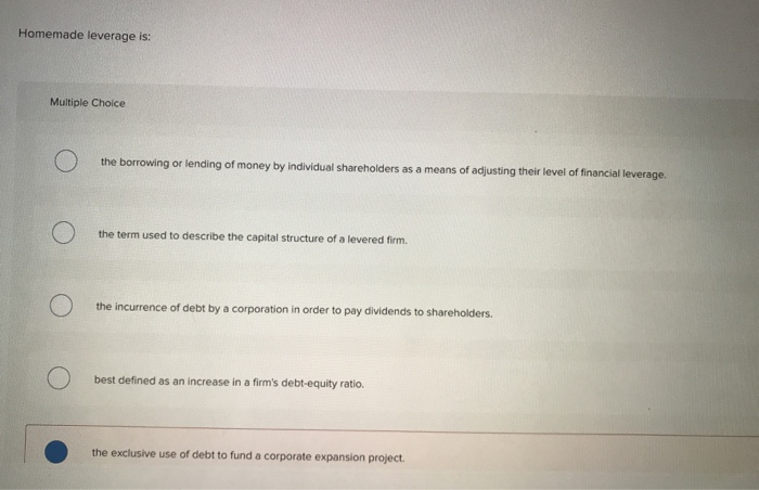 Solved Homemade leverage is: Multiple Choice 0 the borrowing | Chegg.com