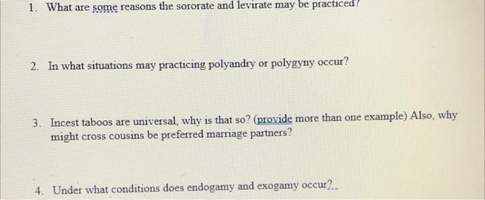 1. What are some reasons the sororate and levirate | Chegg.com