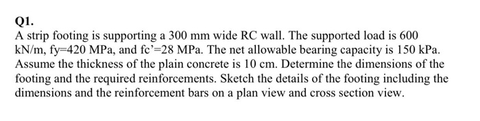 Solved Q1. A strip footing is supporting a 300 mm wide RC | Chegg.com