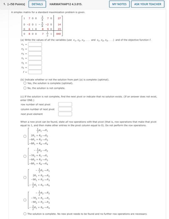 Solved A simplex matrix for a standard maximization problem | Chegg.com