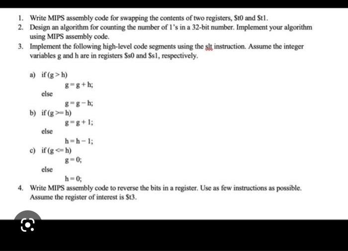 Solved 1. Write MIPS assembly code for swapping the contents | Chegg.com