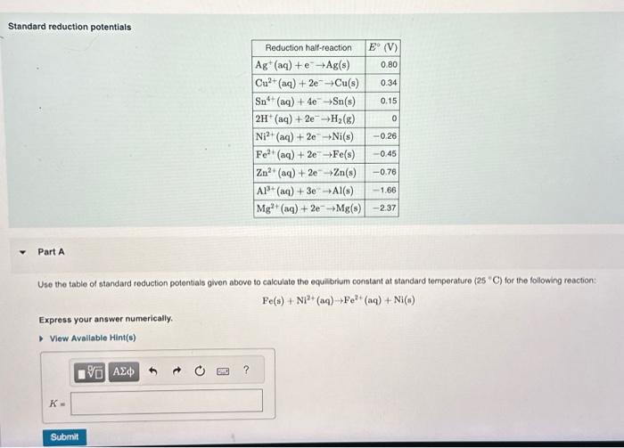 Solved The equilibrium constant, K, for a redox reaction is | Chegg.com