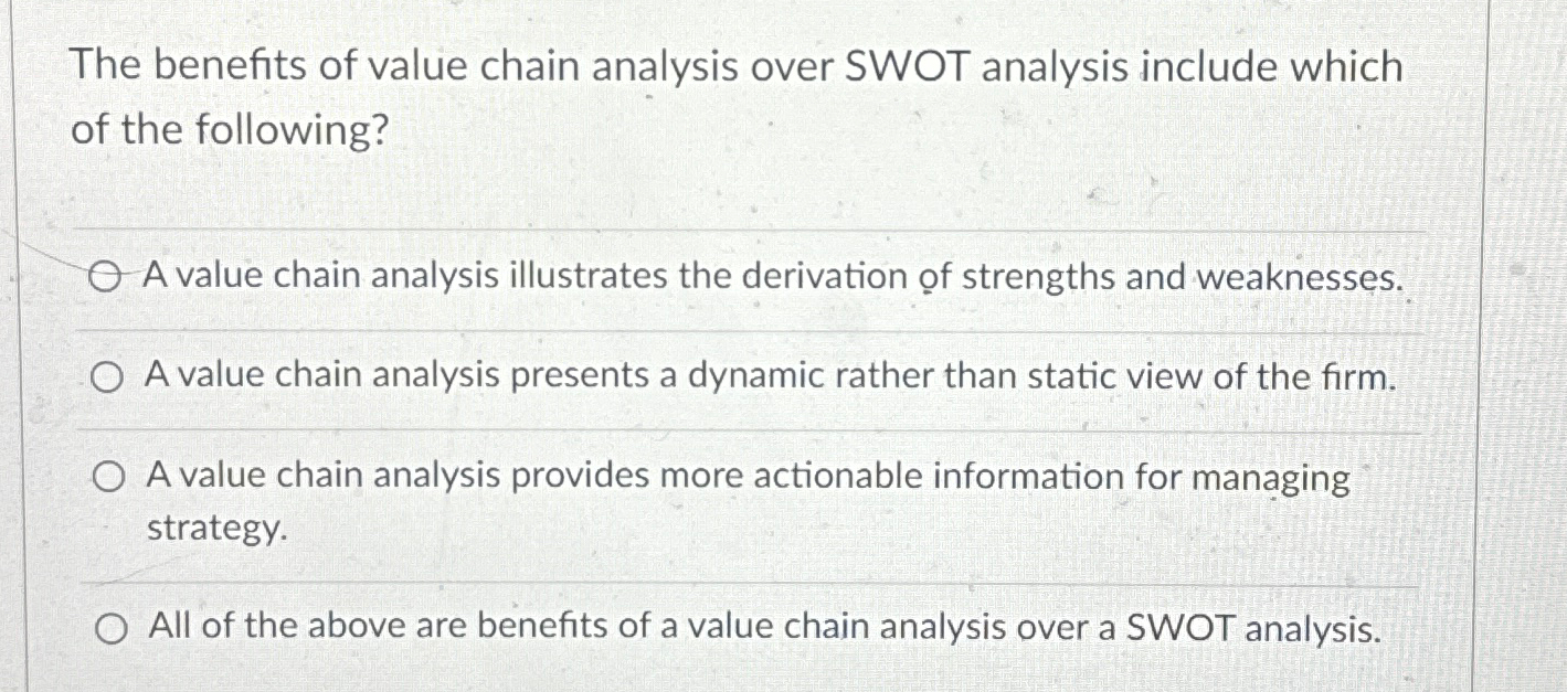 Solved The benefits of value chain analysis over SWOT | Chegg.com