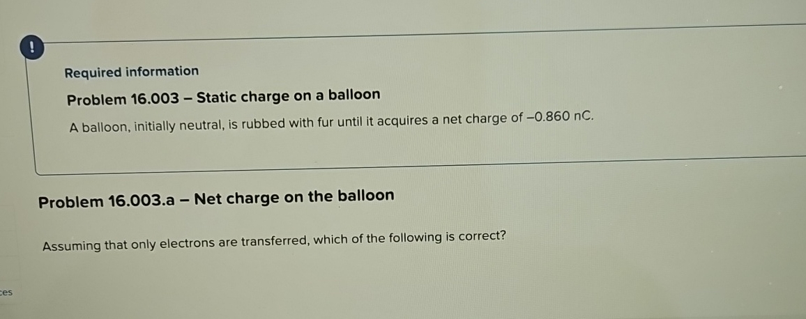 Solved !Required informationProblem 16.003 - ﻿Static charge | Chegg.com