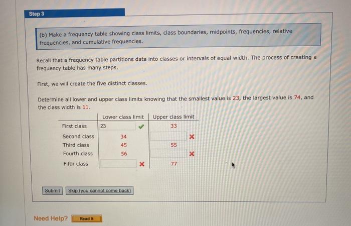 Solved Step 3 (b) Make a frequency table showing class | Chegg.com