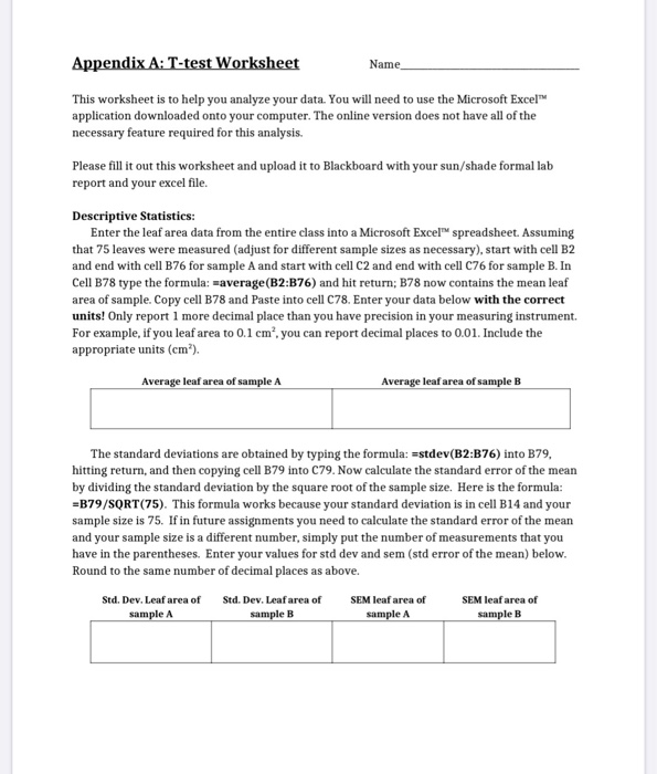 Appendix A: T-test Worksheet Name This worksheet is | Chegg.com