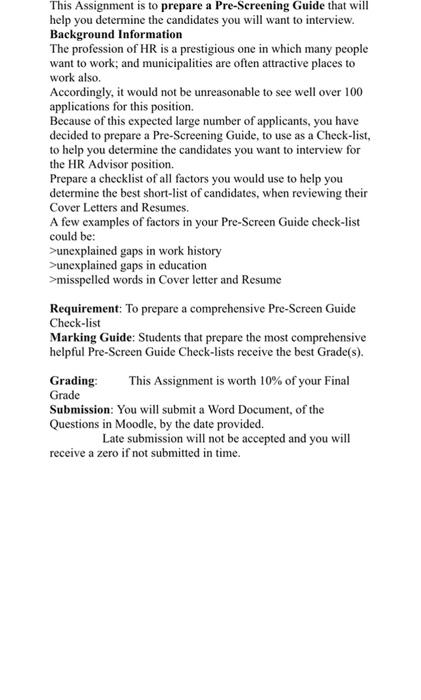 Solved This Assignment is to prepare a Pre-Screening Guide | Chegg.com