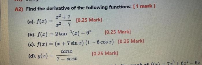 Solved A2) Find the derivative of the following functions: | Chegg.com