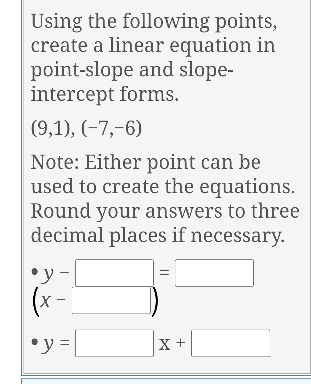 Solved Using the following points, create a linear equation | Chegg.com
